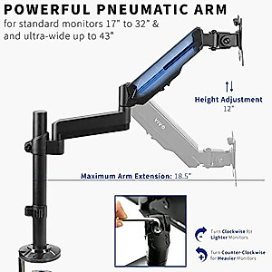 VIVO Heavy Duty Articulating Single Pneumatic Spring Arm Desk Mount Stand, Fits 17 to 32 inch Standard Screens or 43 inch Ultrawides up to 26.4 lbs with Maximum VESA 200x100mm, STAND-V101H