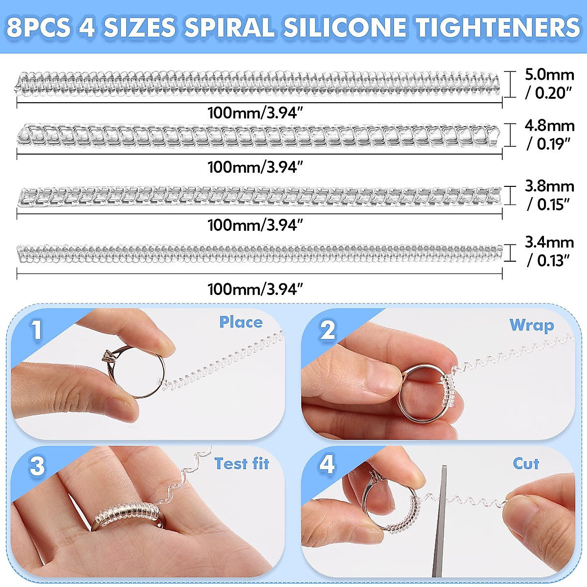 Anpro Ring Size Adjuster for Loose Rings- 118 Pcs Ring Size Adjusters Set Includes 16 Plug-in Invisible Ring Adjuster, 8 Spiral Silicone Tightener, EVA Invisible Sticker,Ring Size Measuring Tool