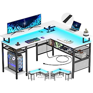Unikito Reversible L Shaped Desk, Cool 55 Inch Corner Computer Desk with Smart Strip Light and Magic Power Outlet, Elegant Grid Design, Sturdy Office Table with Monitor Stand and Storage Shelf, White