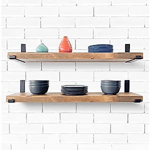 Rustic Shelves with J-Brackets Set of 2, Industrial Shelf, Kitchen Shelves, Solid Wood, Decorative Wall Storage, Heavy Duty, URBANDI (Brown, 24Wx10D)