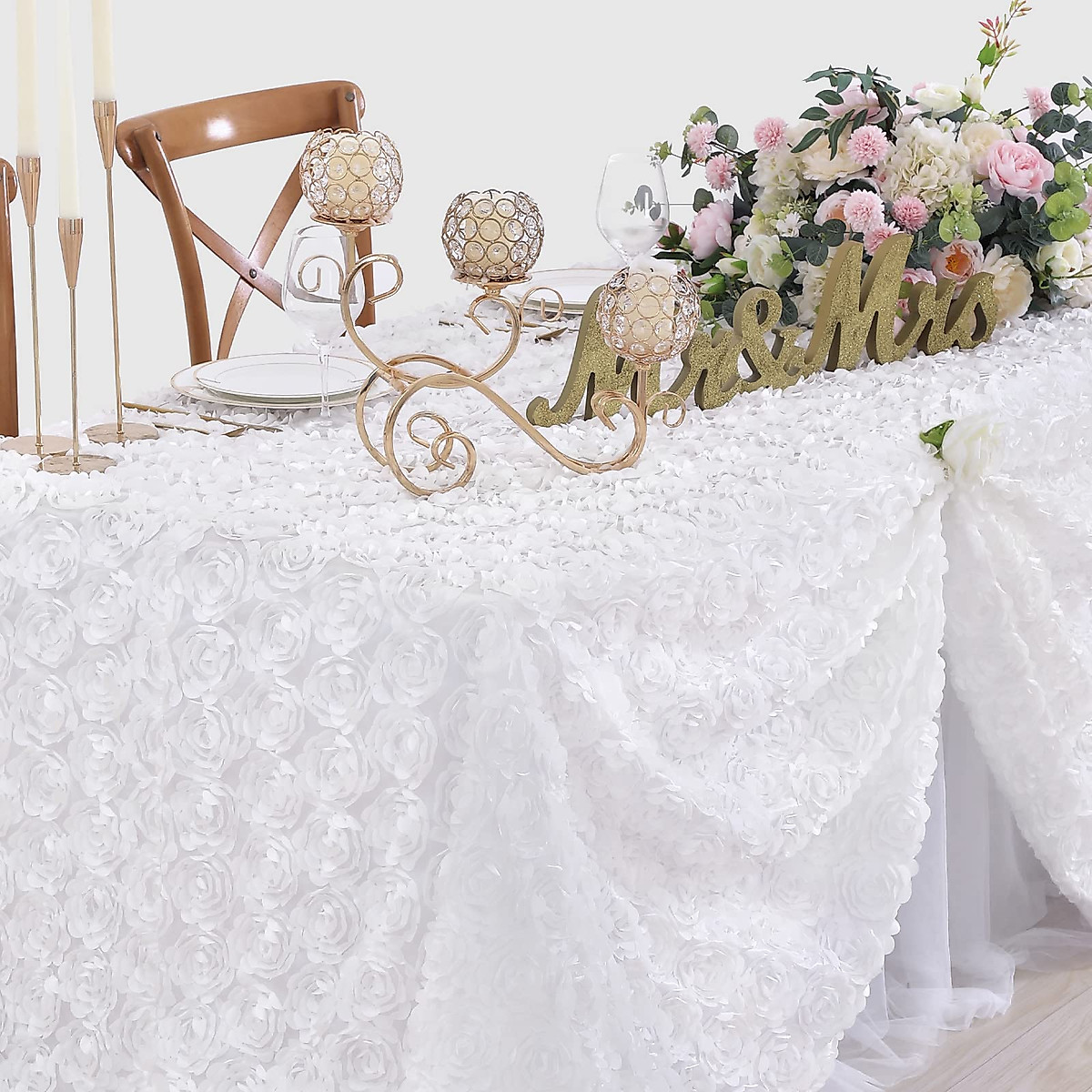 Rosette Tablecloth White 50x80 Inches Rectangular 3D Floral Satin Rosette Fabric Table Cover Grandiose Wedding Party Baby Shower Decorations