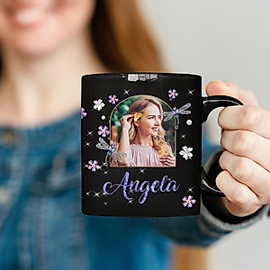 Black Ceramic Coffee Mug Photo Mugs Personalized Picture Dragonfly Custom Name Birthday Gifts For Women Friends Mom Novelty Cup Table Desk Accessories Jewelry Style 11 and 15 Oz