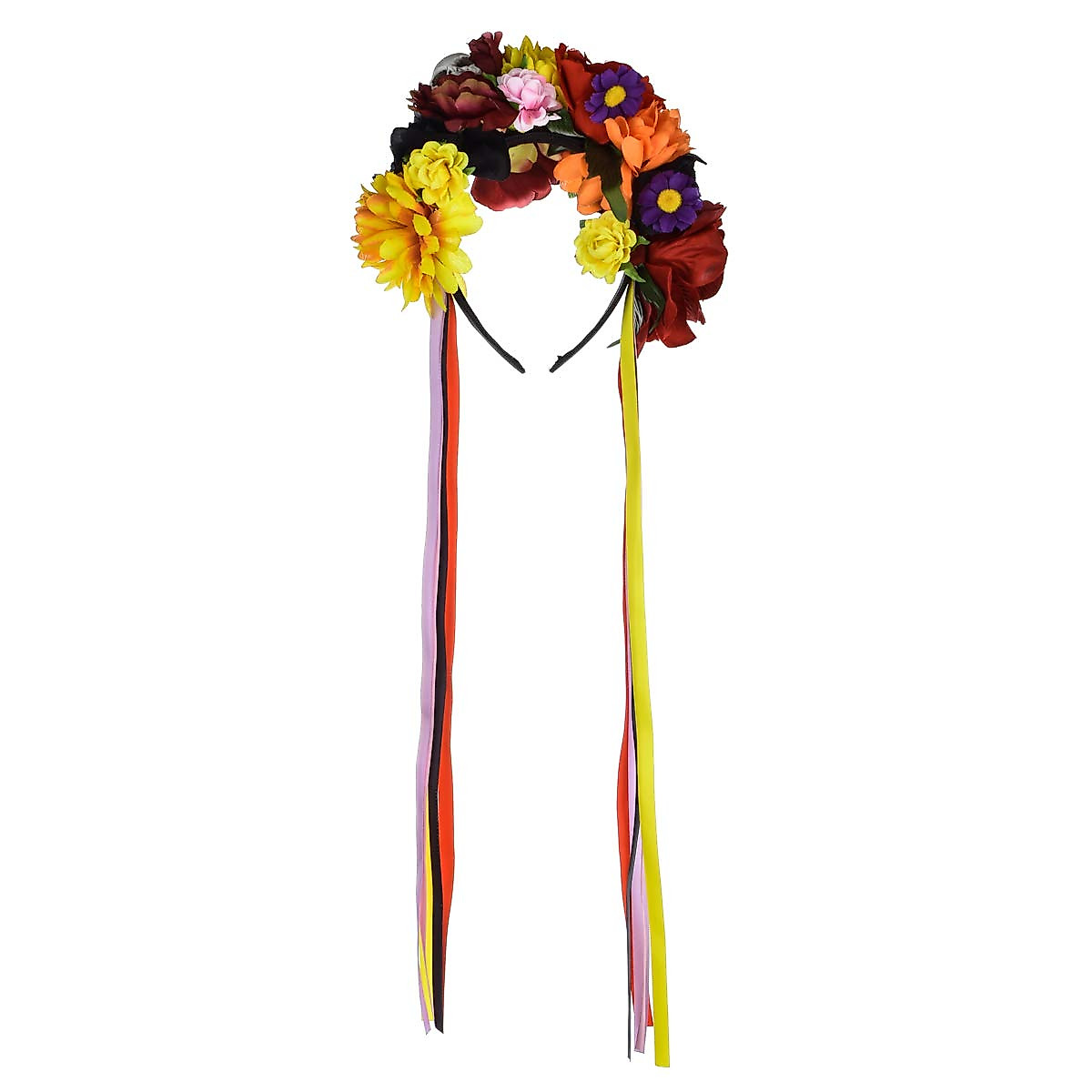 DreamLily Frida Kahlo Mexican Flower Crown Headband Halloween Party Costume Dia de los muertos Headpiece NC25 (A-Rose skull ribbon)