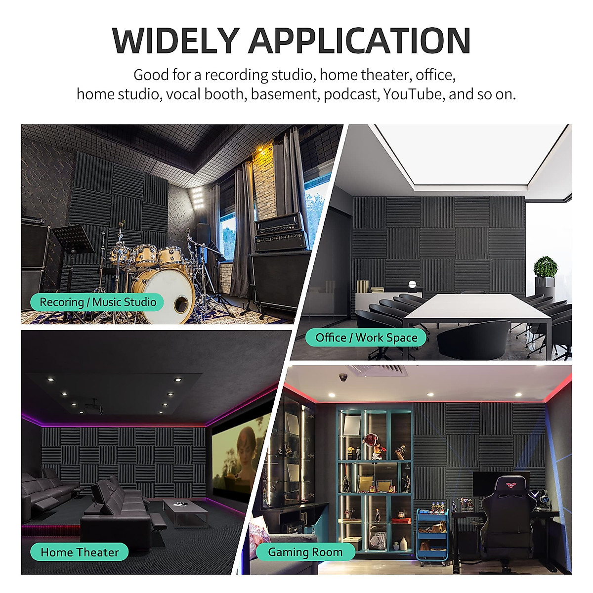 Acoustic Foam Panels - Pack of 12 Flame Retardant Sound Proof Foam Panels for Walls Ceilings Reduces Reverb Echo 12” x 12” x 2” Sound Insulation Wedge Noise Cancelling Foam Tiles for Home Office