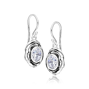 925 Sterling Silver Hanging Earrings w/White Round Cubic Zirconia Antique Finish Wrapped Bezel Nested in CZ, Hypoallergenic, Nickel & Lead-free, Artisan Handcrafted Designer, French Wire Earring Back
