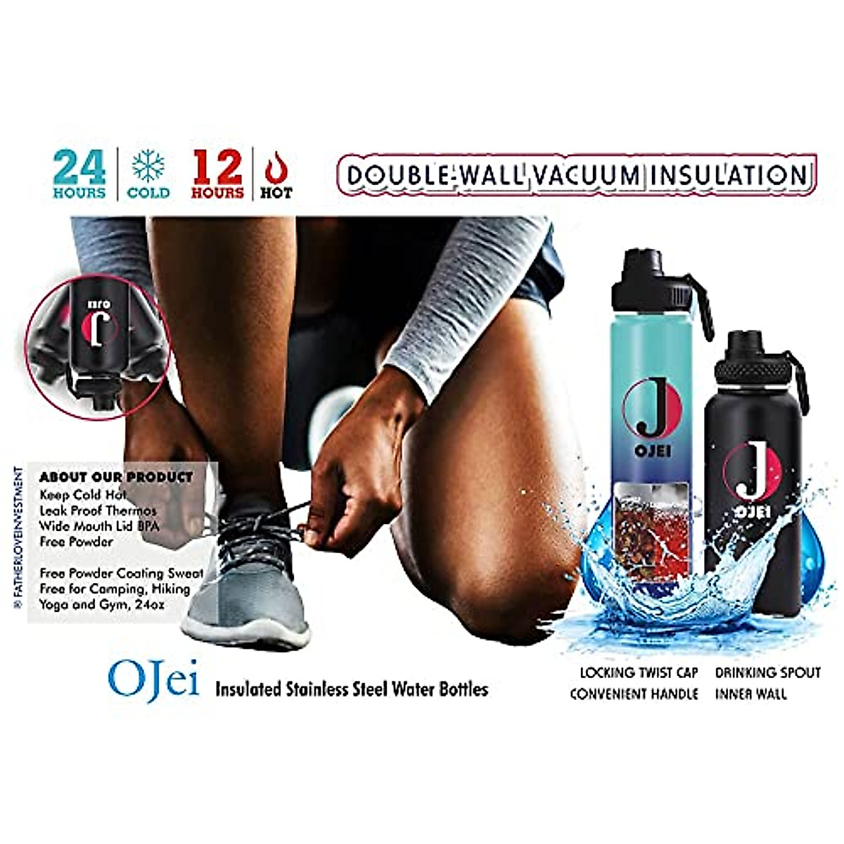 OJEI Stainless Steel Vacuum Insulated Water Bottle With Paracord Handle for Sports w/lid (Sky Blue / Navy Blue, 24oz)