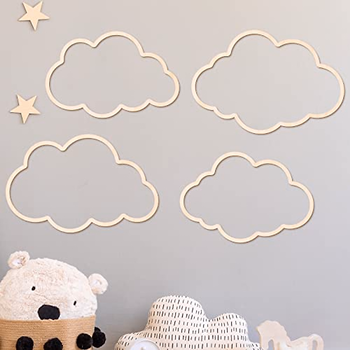 4 Pieces Cloud Wall Decor Boho Nursery Decor Wooden Sun Decor Baby Nursery Wall Decor Wooden Rainbow for Nursery Children Baby Kids Boys Girls Bedroom Decor (Cloud)