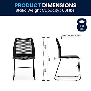 Flash Furniture 5 Pack HERCULES Series 661 lb. Capacity Black Stack Chair with Air-Vent Back and Black Powder Coated Sled Base