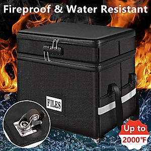 File Box with Wheels, Fireproof Document box with 5 Tabs & Inserts, Rolling File Organizer Cabinet for Home Office, Portable Collapsible File Storage with Lock for Hanging Letter/Legal Size Folder
