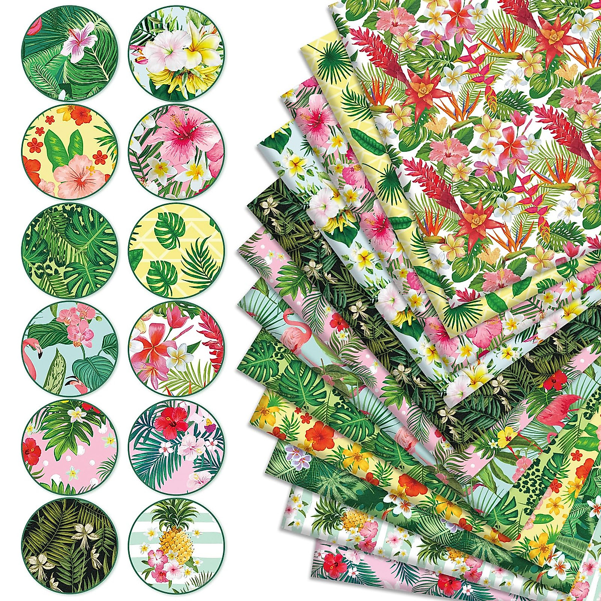 Whaline 12Pcs Summer Cotton Fabric Bundles Tropical Leaves Flower Flamingo Fat Quarters Hawaiian Quilting Patchwork for DIY Handmade Craft Home Party Decor, 18 x 22 Inch