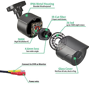 ZOSI 1000TVL 960H CCTV Camera 36IR LEDs Outdoor Night Vision 100ft High Resolution Home Security Camera Bullet Camera