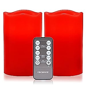 Urchoice Red Flameless Candles Battery Operated Pillar Real Wax Realistic Flickering Electric LED Candle(Dia 4" X H 6") Set of 2, with 10-Key Remote and Cycling 24 Hours Timer