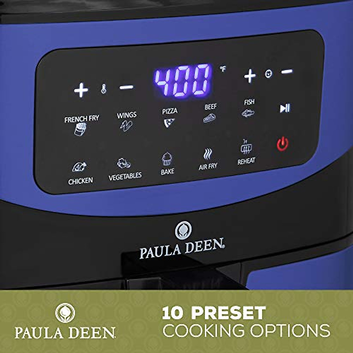 Paula Deen Stainless Steel 10 QT Digital Air Fryer (1700 Watts), LED Display, 10 Preset Cooking Functions, Ceramic Non-Stick Coating, Auto Shut-Off, 50 Recipes (Blue Stainless)