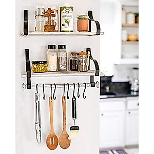 Wall Mounted Floating Spice Shelves with Towel Bar and Removable Hooks, Solid Wood, Rustic Shelving Storage, for Kitchens, Bathrooms and More, Farmhouse Wall Décor, 16.75” Long x 7.5” (White Washed)
