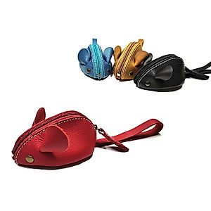 Genuine Leather Mouse Coin Purse Wallet, Womens Change Purse with Zipper, Cute Soft Leather Coin Pouch Mini Size - (Red)