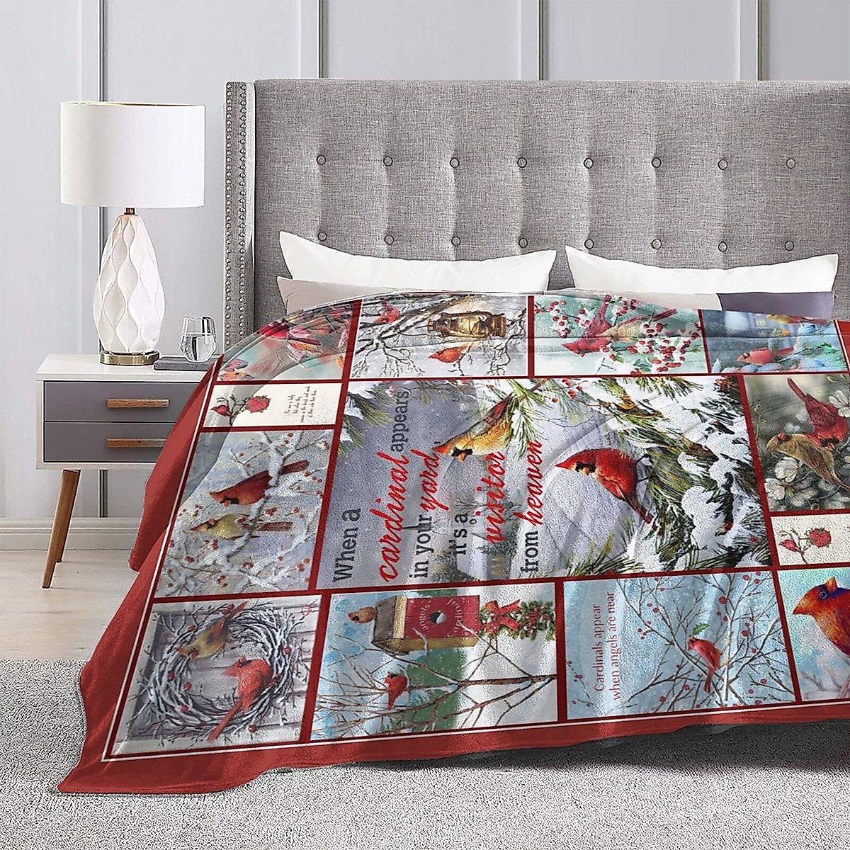 Socira Flannel Throw Blanket,Red Christmas Birds Patchwork Small Fleece Sofa Blanket,Comfy Camping Lap Blanket,Super Soft Thin Noon Break Blanket for Office Home Car 40''X50''