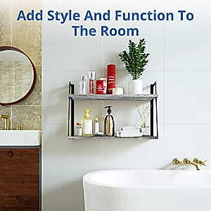 Halter 2 Tier Rustic Floating Wall Shelves for Bedroom, Bathroom, Mounted Hanging Bookshelf Storage, Oragnizer, Living Room, Kitchen, or Laundry Room, Set of 2 Shelves, Brackets Included, Gray Wood