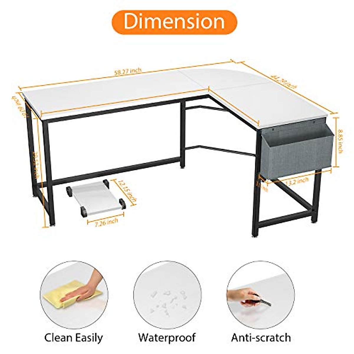 Topfurny L Shaped Desk 58’’ Corner Desk Computer Gaming Desk PC Table Writing Desk Large L Study Desk Home Office Workstation Modern Simple Multi-Usage Desk with Storage Bag Space-Saving Wooden Table