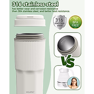 450ml Travel Kettle, Portable Electric Kettle, Mini Electric Kettle 316 Stainless Steel Portable Kettle with 6 Temperature, Dual Voltage 100-240V, Boil Dry Protection, BPA-Free