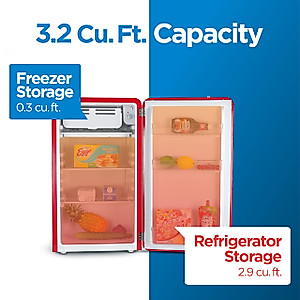 Commercial Cool CCRR32HR 3.2 Cu. Ft Freezer, Vintage Style Refrigerator, with Slide-Out Glass Shelves & Tall Bottle Storage, Retro Fridge, Red