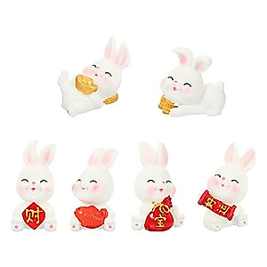 Sewroro 6pcs Mini Rabbit Figures Lucky Fortune Miniature Bunny Figurine Statue Animal Model 2023 Chinese New Year Car Decoration Souvenir Gift DIY Micro Garden Landscape Succulent Bonsai