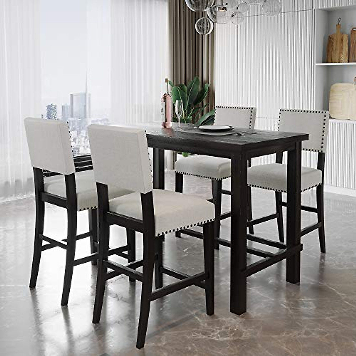 Modern 5 Piece Counter Height Dinig Table Set for 4, Upholstered Dining Table Set Include Rectangle Table and 4 Padded Chairs