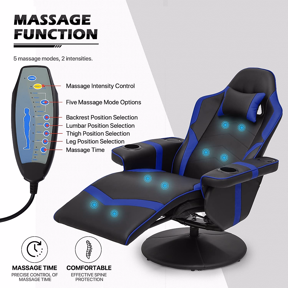 MoNiBloom Massage Video Gaming Chair with 2 Speakers, Swivel Ergonomic Gaming Lounging Pedestal Recliner Chair with Neck Support, Built-in Cupholders and Storage Bag, Comfortable Theater Chair, Blue