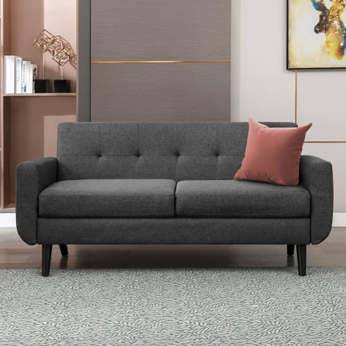 ZAFLY 68" Futon Sofa Modern Love Seat Sofa Button Tufted Upholstered Loveseat Couch Furniture with 5.9" Upholstered Cushion for Living Room Bedroom Office Apartment, 2-Seat (Dark Gray)