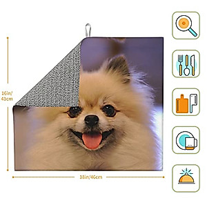 Happy short-haired pomeranian Printed Drying Mat For Kitchen Ultra Absorbent Microfiber Dishes Drainer Mats Non-Slip Silicone Quick Dry Pad - 18 X 16inch