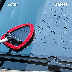 Windshield Window Cleaner Tool, Unbreakable Extendable Long-Reach Handle, Unique Pivoting Triangular Head, 3 Washable Reusable Microfiber Bonnets, Car & Home Inside Interior Exterior Use - Lint Free