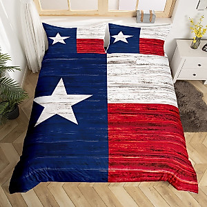 Erosebridal Western Texas Star Bedding Set Retro Vintage American Flag Comforter Cover Cowboys Gifts for Women,Patchwork White Red and Blue Duvet Cover Queen,Grunge Stars and Stripes Farmhouse Decor