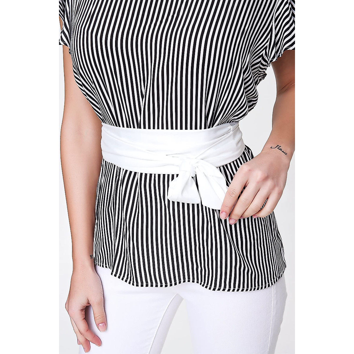 Women Solid Color Self Tie Wrap Around Obi Linen Waist Belt (White), One Size