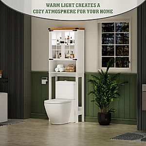 FREDEES Over The Toilet Storage Cabinet with Shelves & Doors, Toilet Shelf Space Saver with Anti-Tip Design & Ceiling Light, Free Standing Over Toilet Bathroom Organizer, White