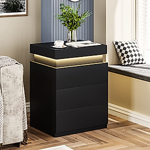 ADORNEVE Nightstand with Charging Station and LED Lights,Night Stand with Sliding Top,Bedside Table with Drawers,Modern End Side Table for Bedroom,Black