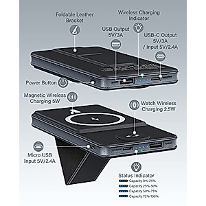 LATIMERIA Magnetic Wireless Power Bank, 10000mAh Portable Charger, 2 in 1 Mag-Safe Battery Pack with Kickstand, Only Compatible with iPhone 15/14/13/12 Series, Apple Watch Ultra/8/7/6/SE/5/4/3/2/1