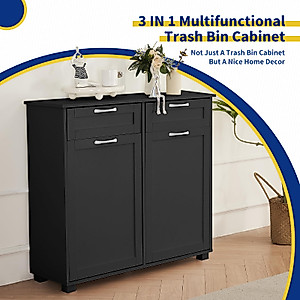 Tilt Out Trash Cabinet 10 Gallon, Trash Can Cabinet with 2 Drawers, Double Freestanding Trash Cabinet, Recycling Cabinet for Laundry, Kitchen, Living Room, Bathroom, Bedroom (Black)