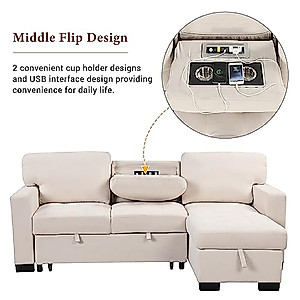 L-Shaped Pull Out Sleep Sofabed,Modern Reversible Sleeper Sectional Sofa Chenille Upholstered Tufted Sofa&Couch with Storage Chaise, Drop-Down Table, Cup Holders, Charging Ports,Power Sockets, Racks