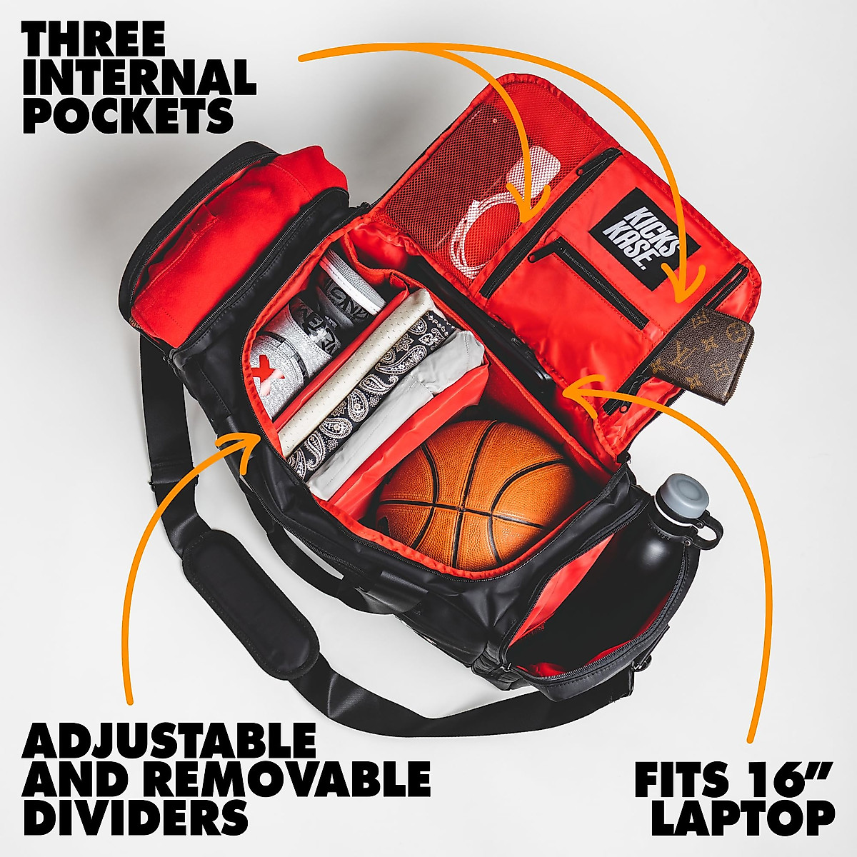 KXKS. (Kicks Kase Premium Sneaker Bag & Travel Duffel Bag - 3 adjustable compartment dividers - For shoes, clothing and gym (Black/Red)