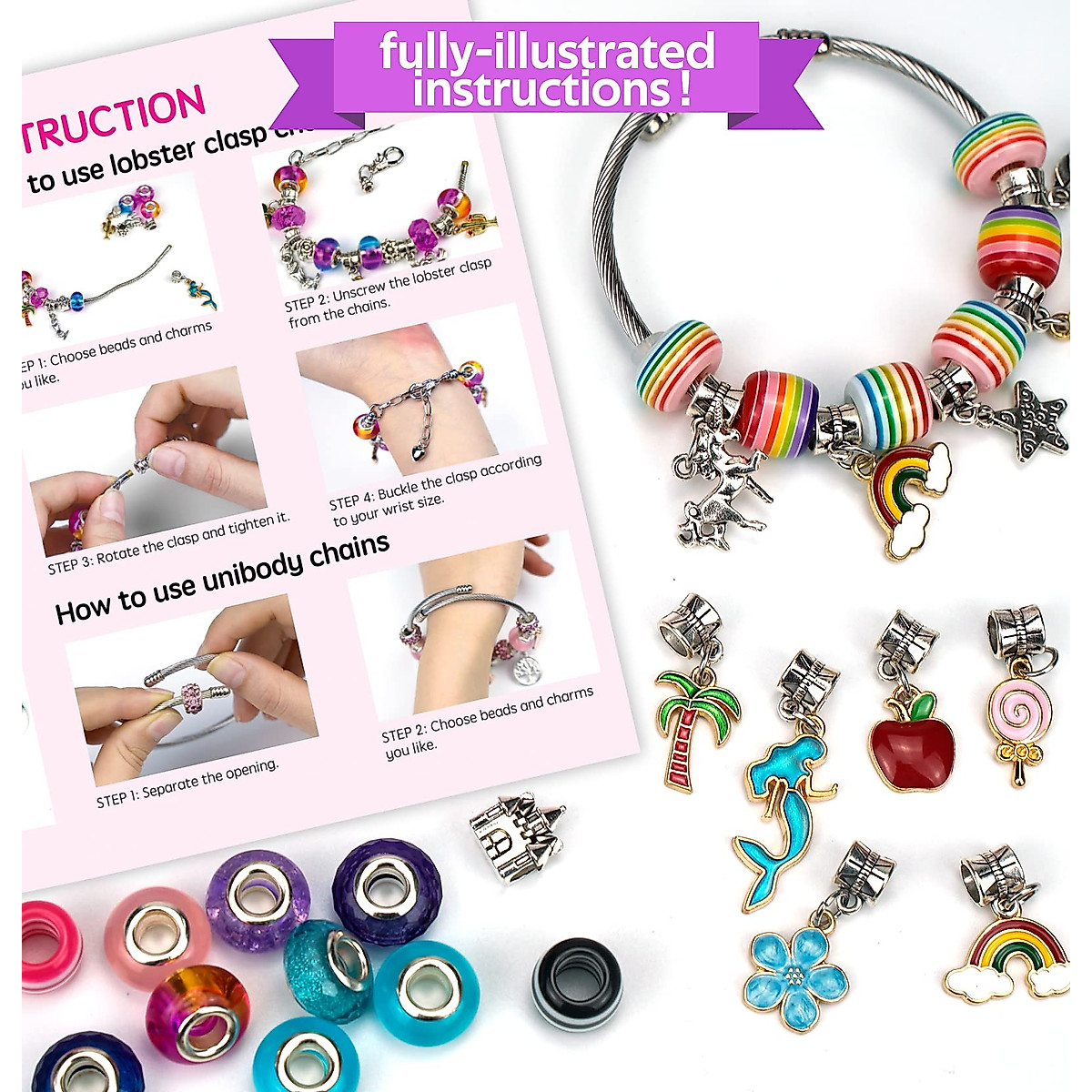Charm Bracelet Making Kit, Gionlion 150 Pcs Jewelry Making Supplies Including European Beads Charm Pendants Snake Chains, Unicorn Gifts Set for Teen Girls Arts and Crafts for Kids Ages 5 6 7 8 9 10-12