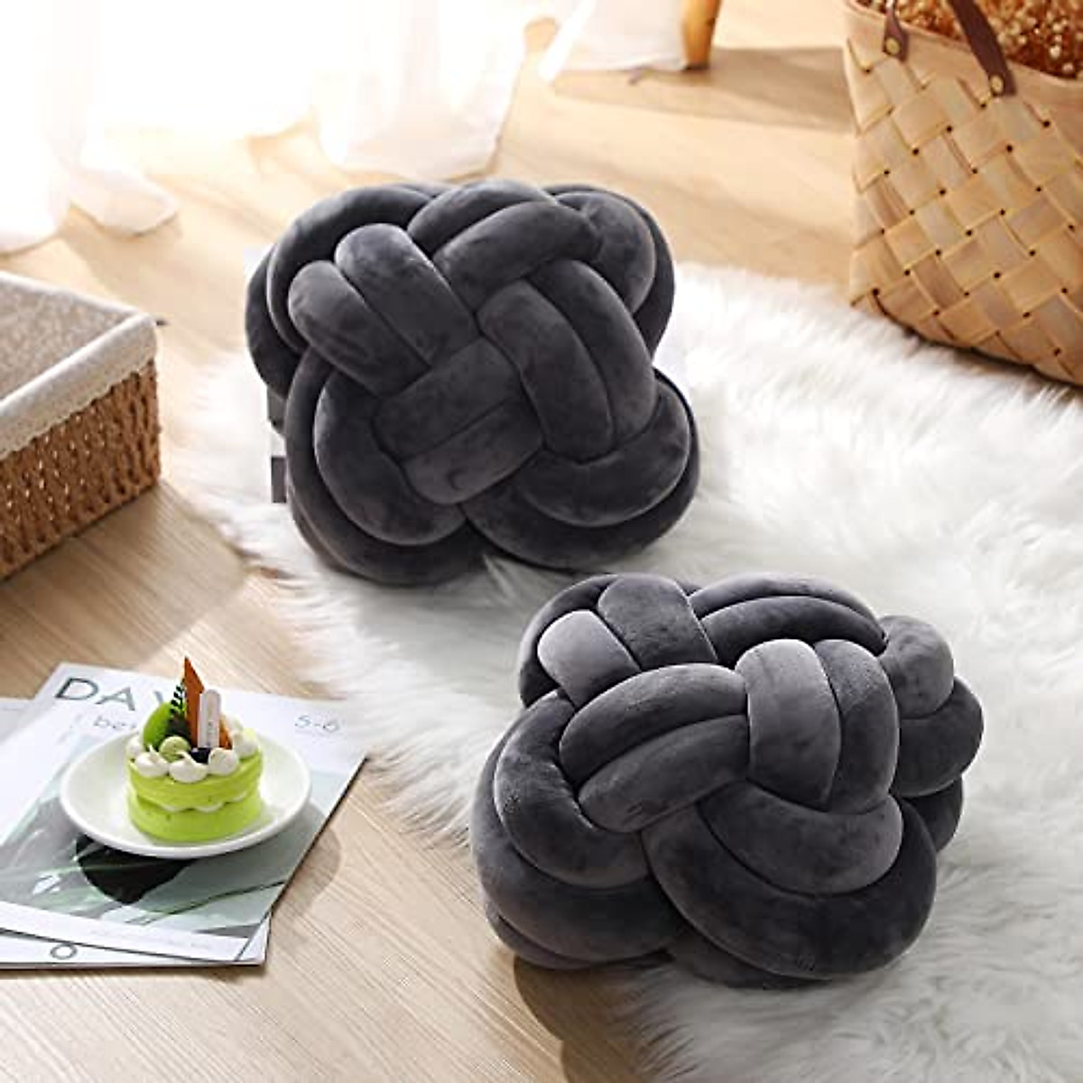 2 Pcs 12 Inch Flower Knot Pillow Ball Creative Knotted Throw Pillows Decorative Sofa Lumbar Pillow Floor Pillow Cushion for Home Sofa Car Office Decor Household Christmas Decoration (Dark Gray)