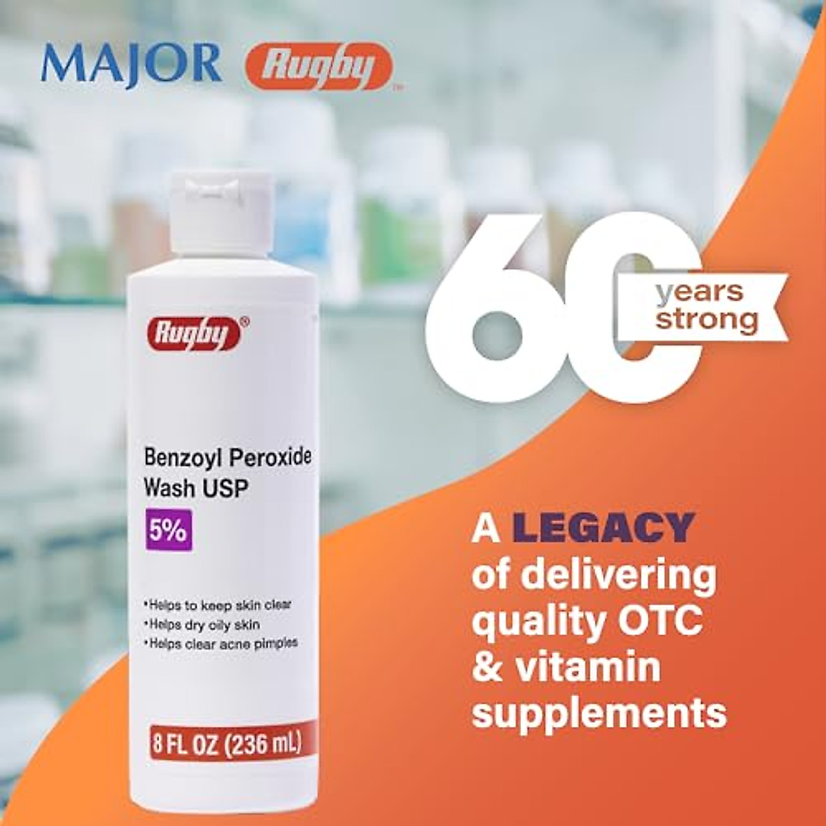 Rugby Benzoyl Peroxide Wash USP 5% - Helps to Clear Acne Pimples and Dry Oily Skin - Acne Medication - 8 Fl. Oz.