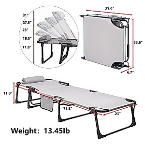HONGBEI lounge cot chairs, Adjustable Reclining Folding Chaise Lounge with Pillow, Outdoor Portable Folding Lounge Chair for Camping, Pool, Beach, Patio,Grey.