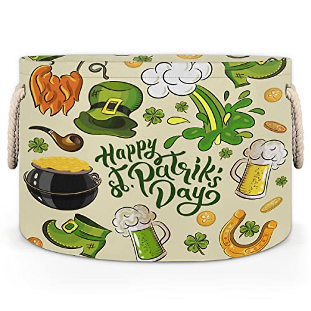 St. Patrick`s Day Icons Elements (3) Large Round Baskets for Storage Laundry Baskets with Handles Blanket Storage Basket for Bathroom Shelves Bins for Organizing Nursery Hamper Girl Boy