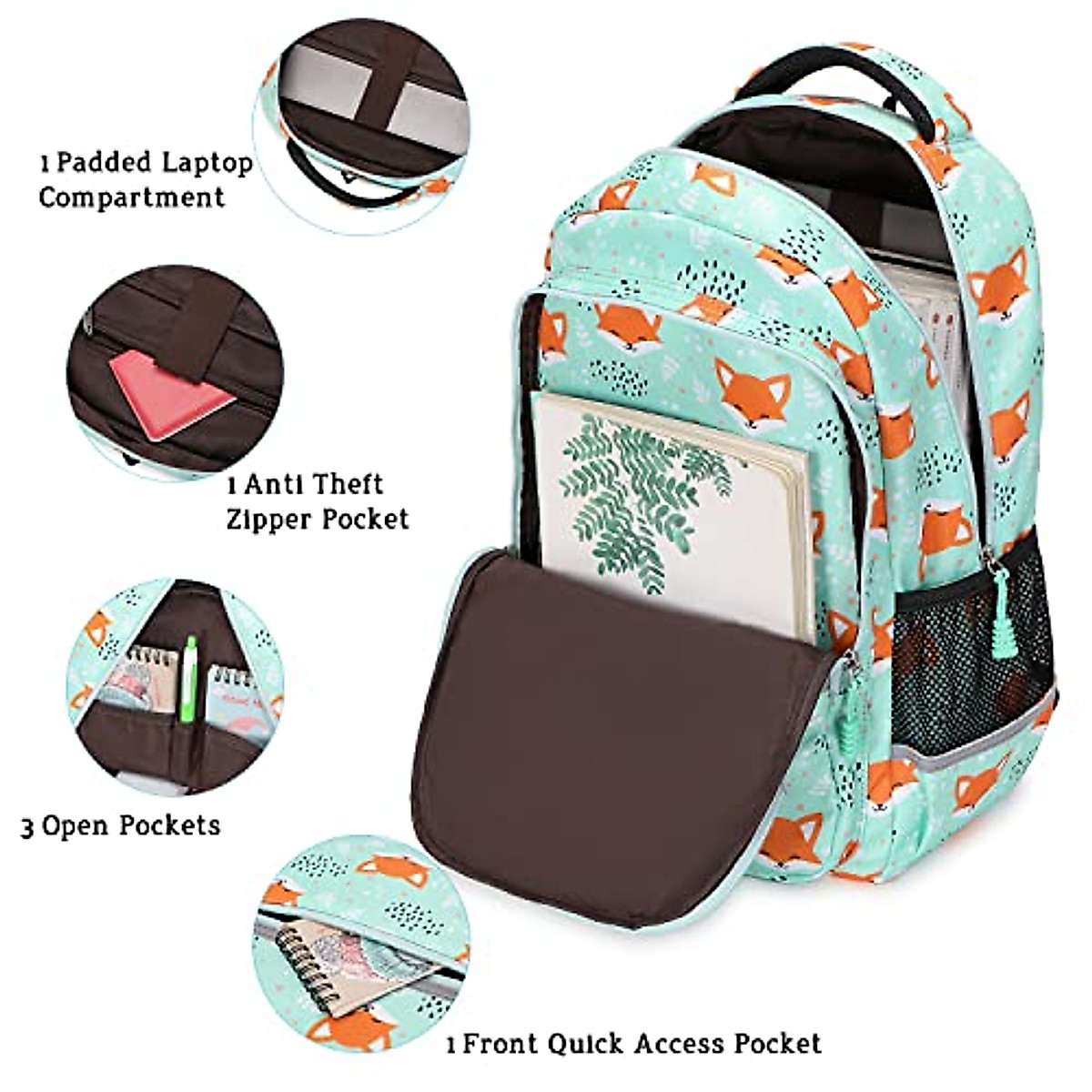 Backpacks for Girls Fox School Bags Kids Elementary Bookbag with Lunch Box and Pencil Case for Age 3+ (Green Fox)