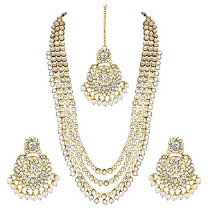 Aheli Indian Ethnic Wedding Faux Kundan Beaded Bridal Long Necklace Earrings with Maang Tikka Traditional Jewellery Set for Women