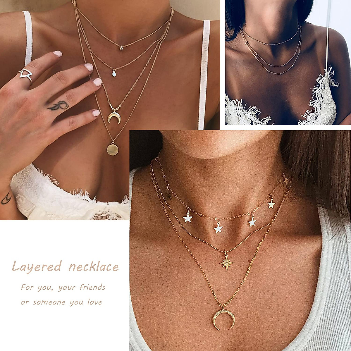 RINHOO FRIENDSHIP 4-6Pcs Multiple Layered Choker Necklace With Moon Star Coin Multi Layered Y Pendant Necklaces Set For Women (4PCS Multiple Gold Necklace)