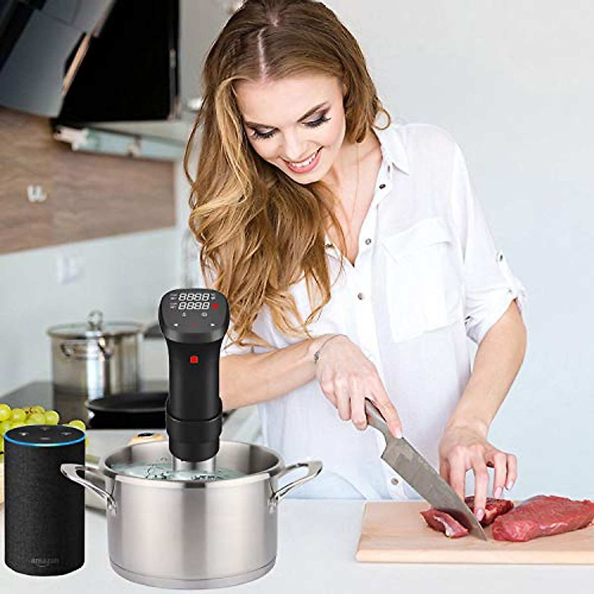 Fityou Sous Vide Cooker 1100W, Thermal Immersion Circulator with Recipe and Adjustable Clamp, Sous Vide Heater with Accurate Temperature & Digital Timer, Ultra Quiet Stainless Steel