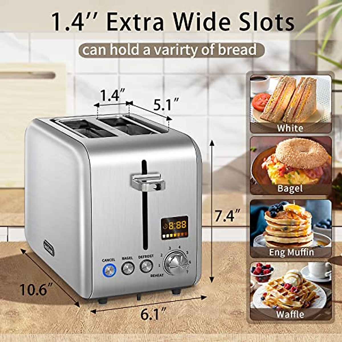 SEEDEEM Toaster 2 Slice, Stainless Steel Bread Toaster with Colorful LCD Display, 7 Bread Shade Settings, 1.4'' Wide Slots Toaster with Bagel/Defrost/Reheat Functions, Removable Crumb Tray, 900W, Silver Metallic