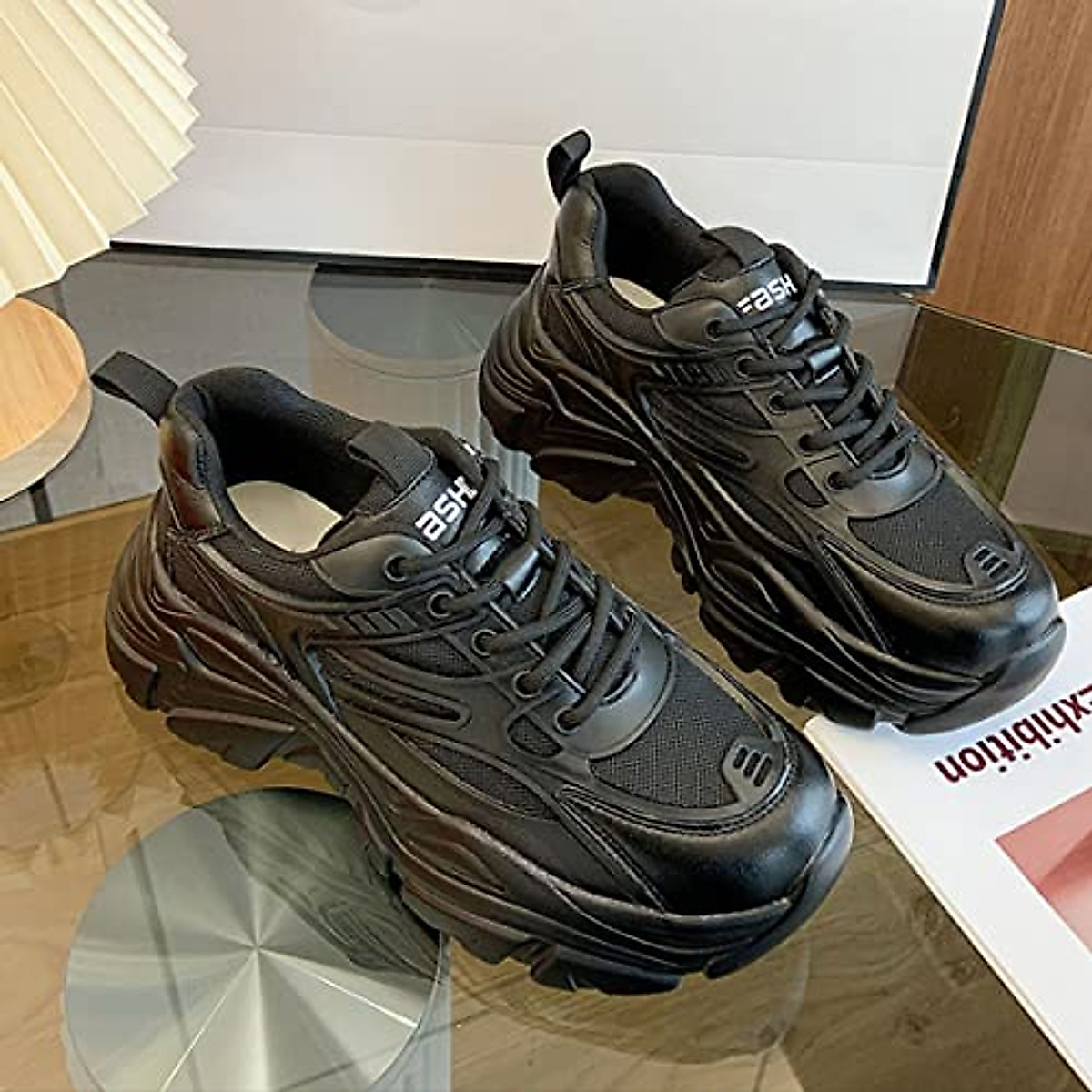 CHENSAN Women's Chunky Sneakers Platform Walking Shoes Breathable Casual Shoe (5,Black)