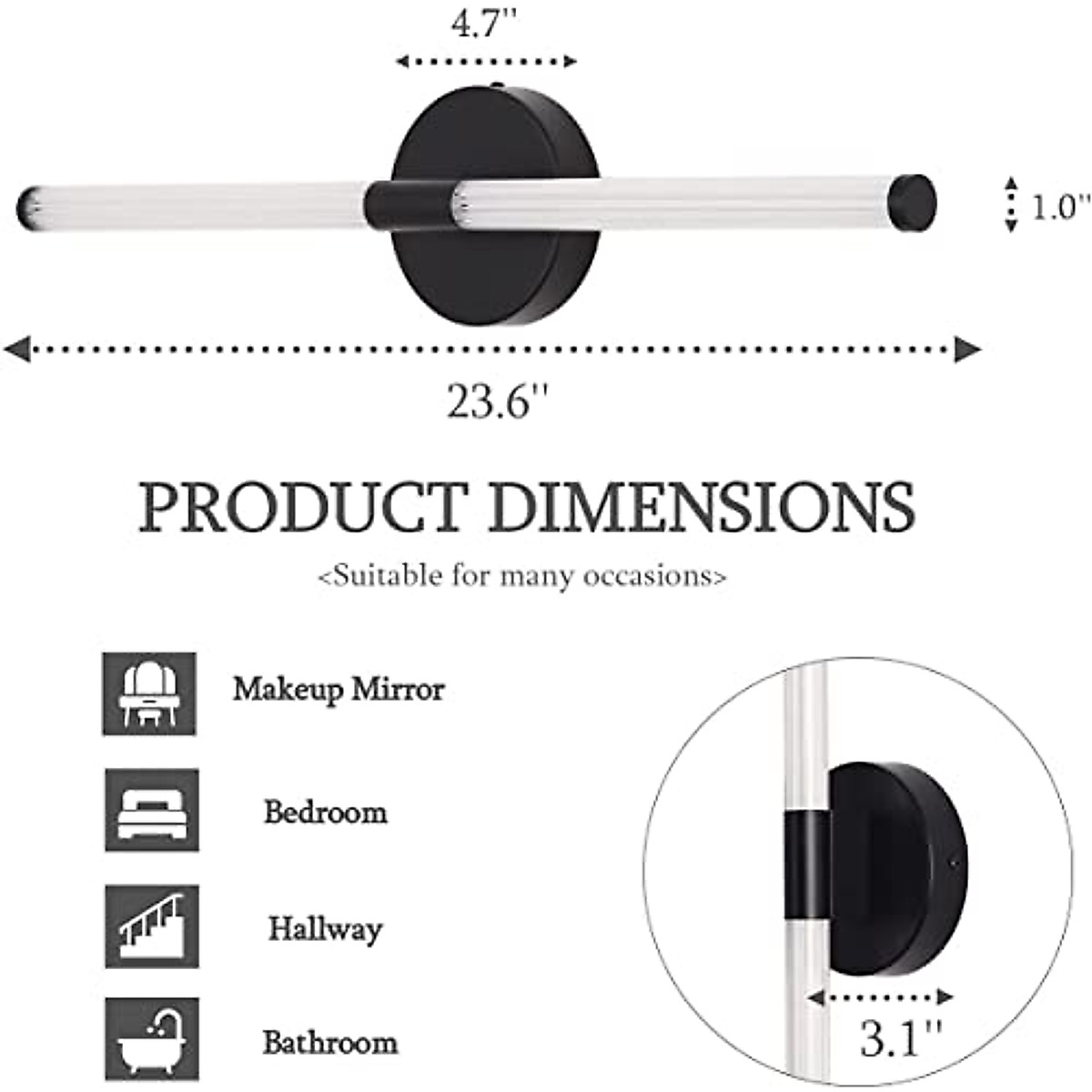 Black LED Bathroom Vanity Lights, Modern 4000k Bathroom Light Fixtures Over Mirror, 16W 23.6in Vanity Lighting Fixtures with 360° luminous, Wall Sconces Lighting for Bathroom, Mirror, Living Room